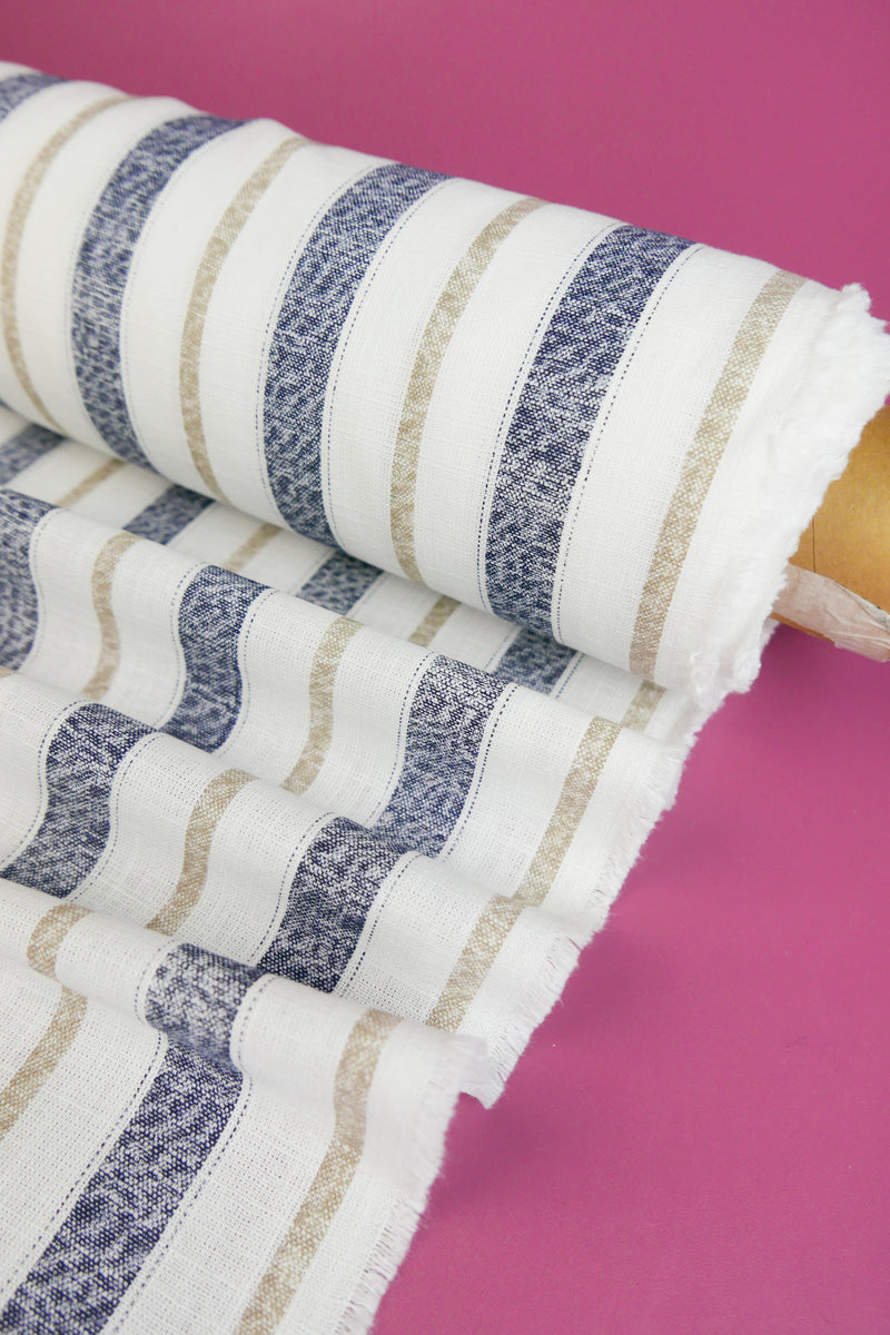 Simon - Striped Linen | Navy – Drapers Fabrics